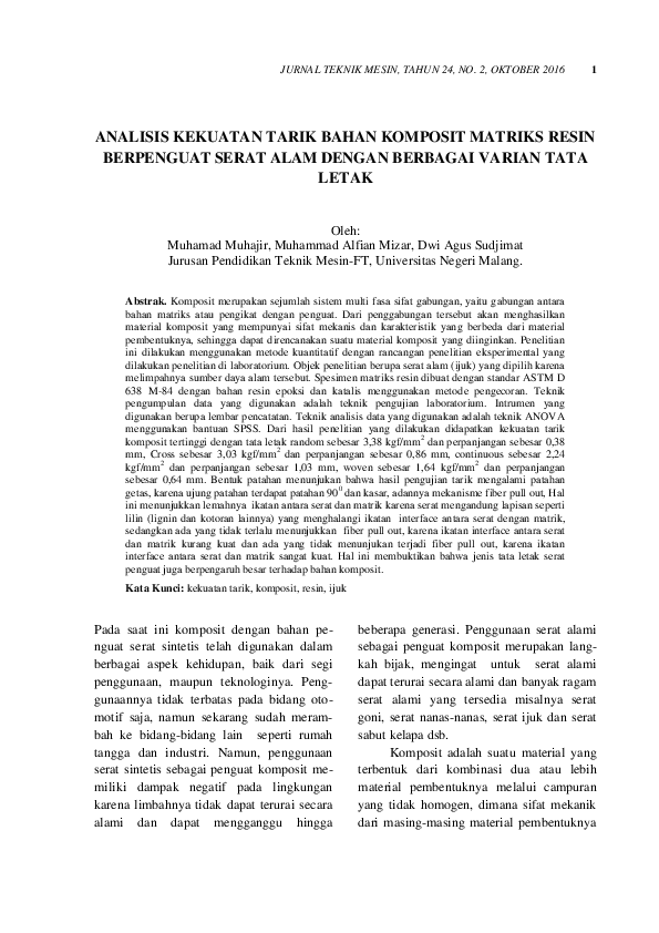 (PDF) Analisis Kekuatan Tarik Bahan Komposit Matriks Resin Berpenguat Serat Alam Dengan Berbagai ...