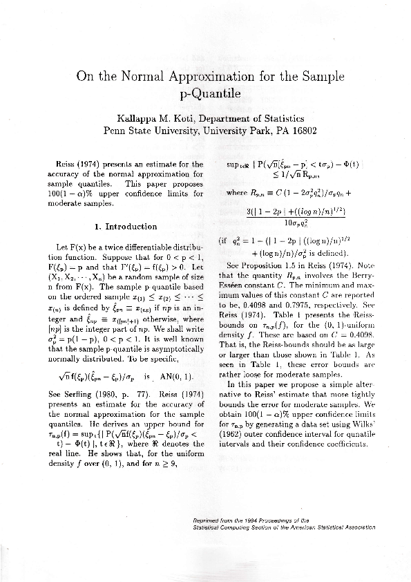 (PDF) On the Normal Approximation for the Sample p-Quantile