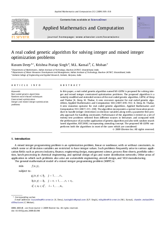 A real coded genetic algorithm for solving integer and mixed integer ... A real coded genetic algorithm for solving integer and mixed integer ...