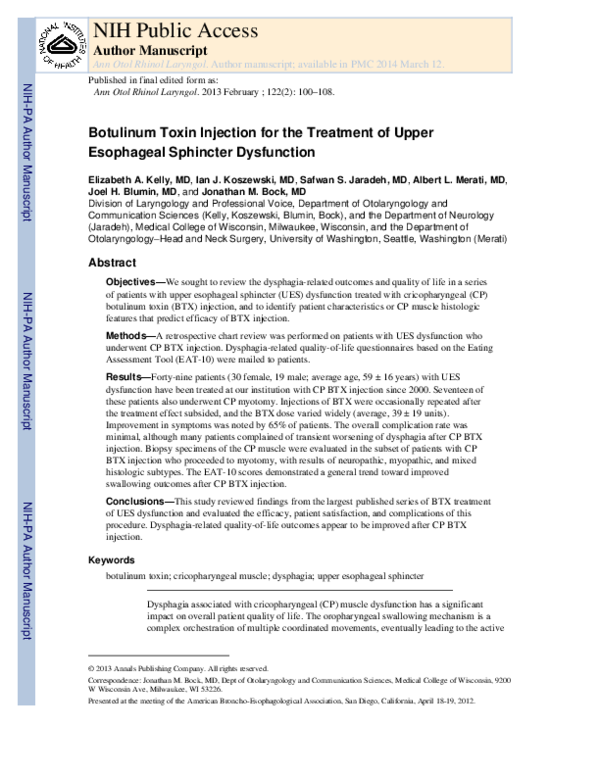(PDF) Botulinum toxin injection for the treatment of upper esophageal ...