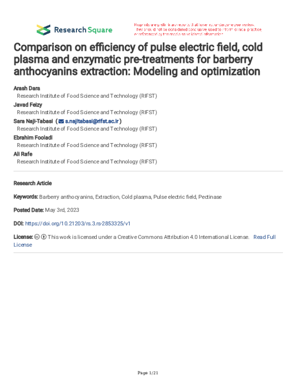 (PDF) Comparison on efficiency of pulse electric field, cold plasma and ...