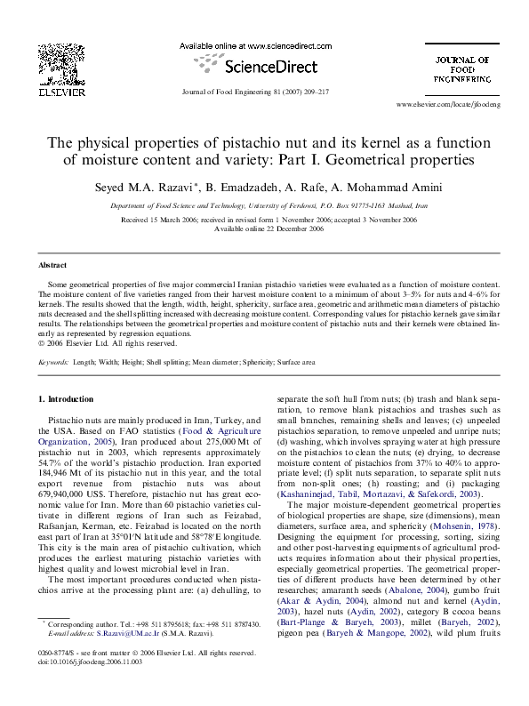 (PDF) The physical properties of pistachio nut and its kernel as a ...