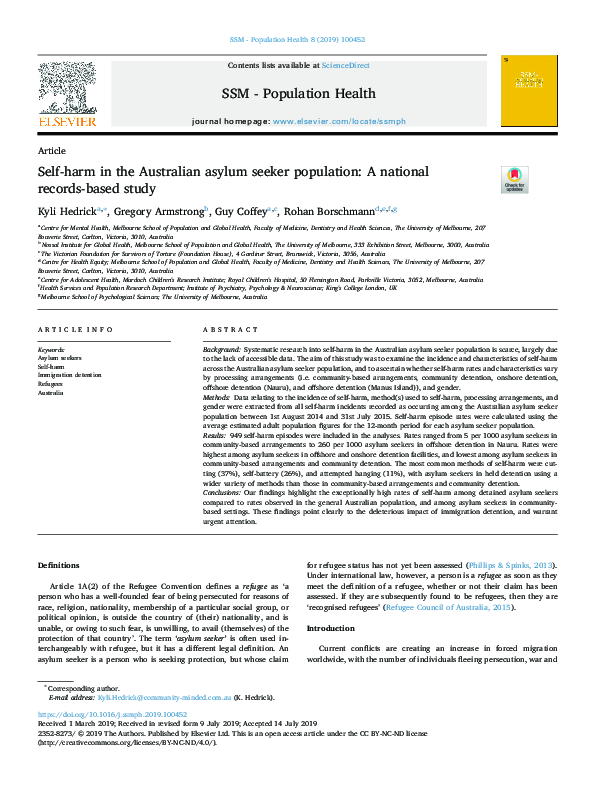 (PDF) Self-harm in the Australian asylum seeker population: A national ...