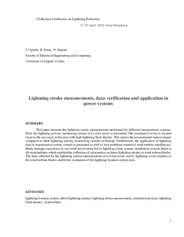 (PDF) Lightning stroke measurements, data verification and application in power systems