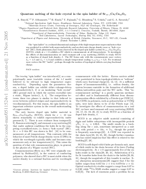 (PDF) Quantum Melting of the Hole Crystal in the Spin Ladder ofSr14− ...