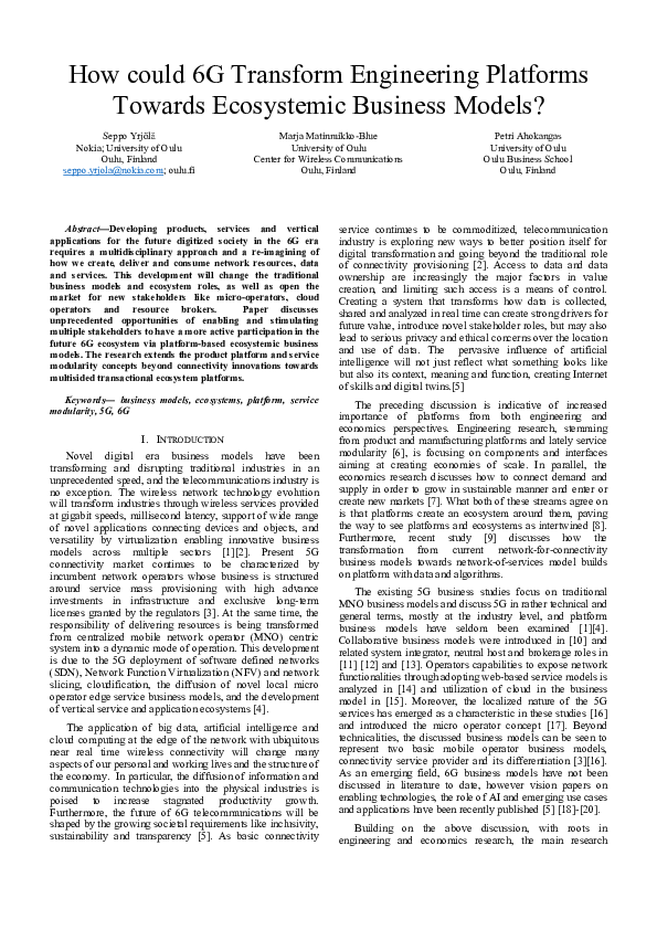 (PDF) How could 6G Transform Engineering Platforms Towards Ecosystemic Business Models?