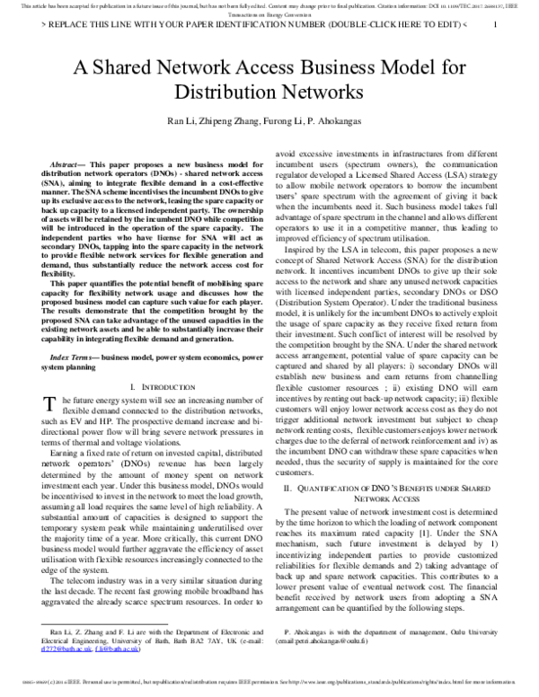 (PDF) A Shared Network Access Business Model for Distribution Networks