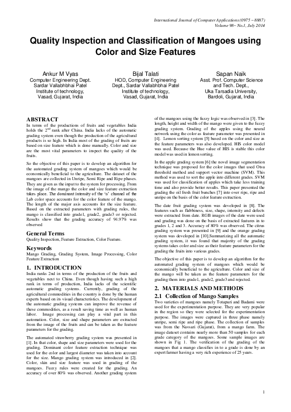 (PDF) Quality Inspection and Classification of Mangoes using Color and Size Features