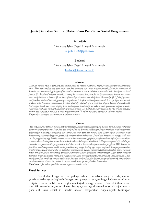 (PDF) Jenis Data dan Sumber Data dalam Penelitian Sosial Keagamaan