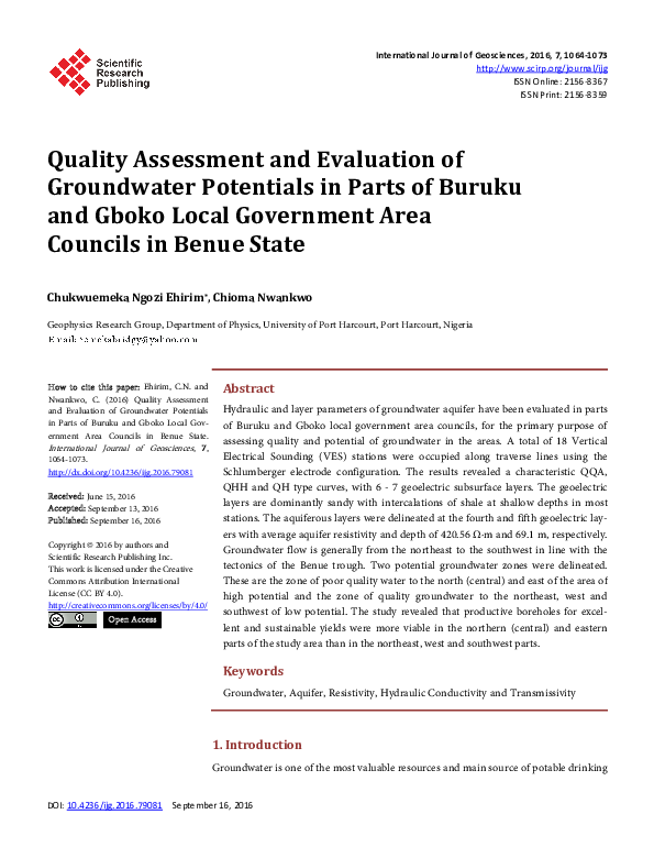 (PDF) Quality Assessment and Evaluation of Groundwater Potentials in ...
