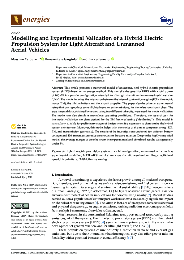 (PDF) Modelling and Experimental Validation of a Hybrid Electric Propulsion System for Light ...