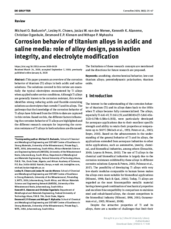 (PDF) Corrosion behavior of titanium alloys in acidic and saline media: role of alloy design ...