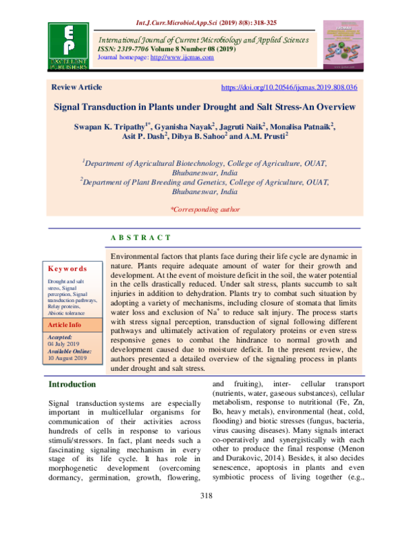 (PDF) Signal Transduction in Plants under Drought and Salt Stress-An Overview | Asit Prasad Dash ...