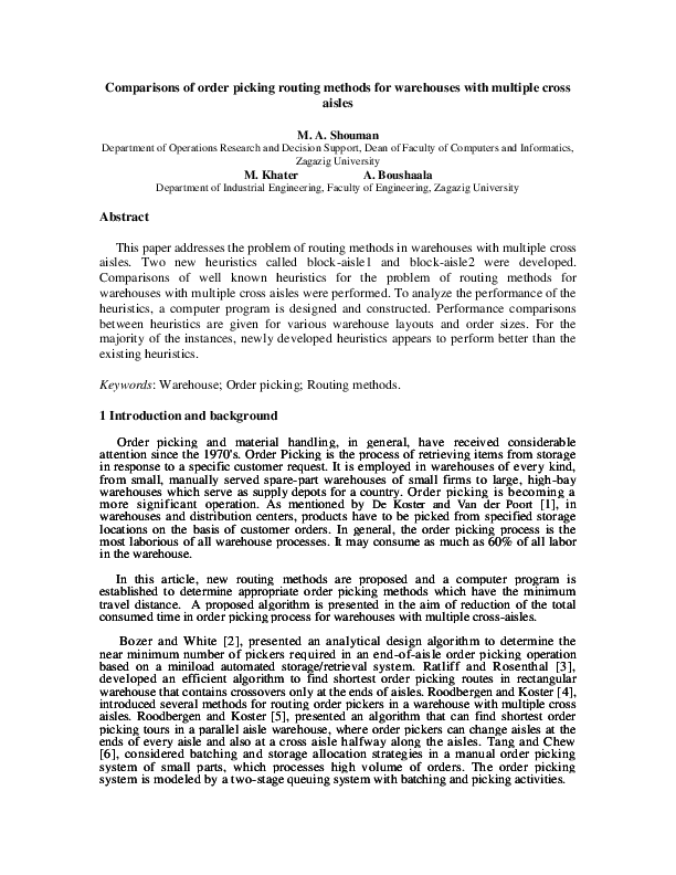 (PDF) Comparisons of order picking routing methods for warehouses with ...