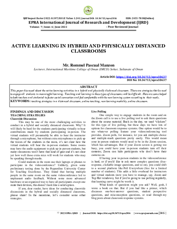 (PDF) Active Learning in Hybrid and Physically Distanced Classrooms | Manzon, Rommel - Academia.edu