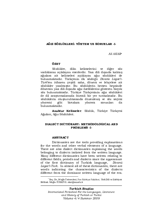 (PDF) Ağiz Sözlükleri̇: Yöntem Ve Sorunlar-I