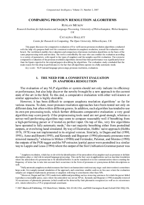 (PDF) Comparing Pronoun Resolution Algorithms