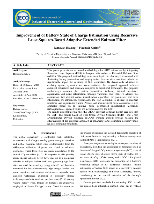 Pdf Improvement Of Battery State Of Charge Estimation Using Recursive Least Squares Based