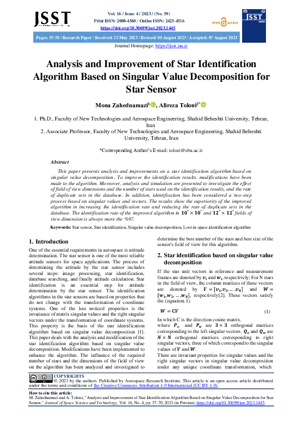 (PDF) Analysis and Improvement of Star Identification Algorithm Based on Singular Value ...