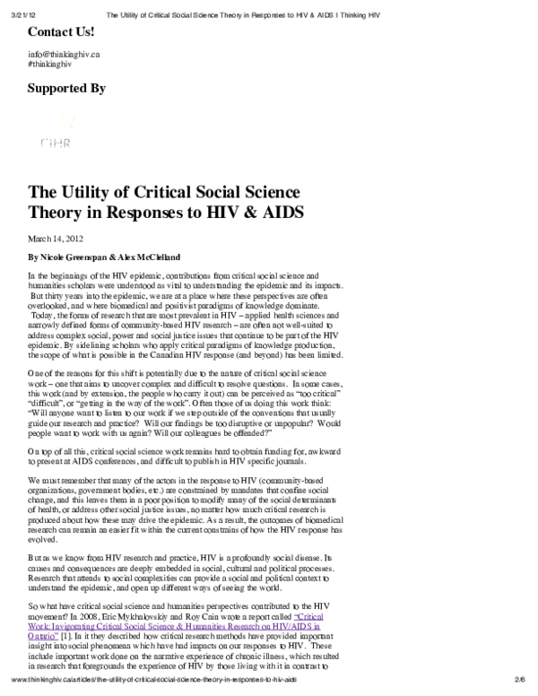 (PDF) The Utility of Critical Social Science Theory in Responses to HIV ...