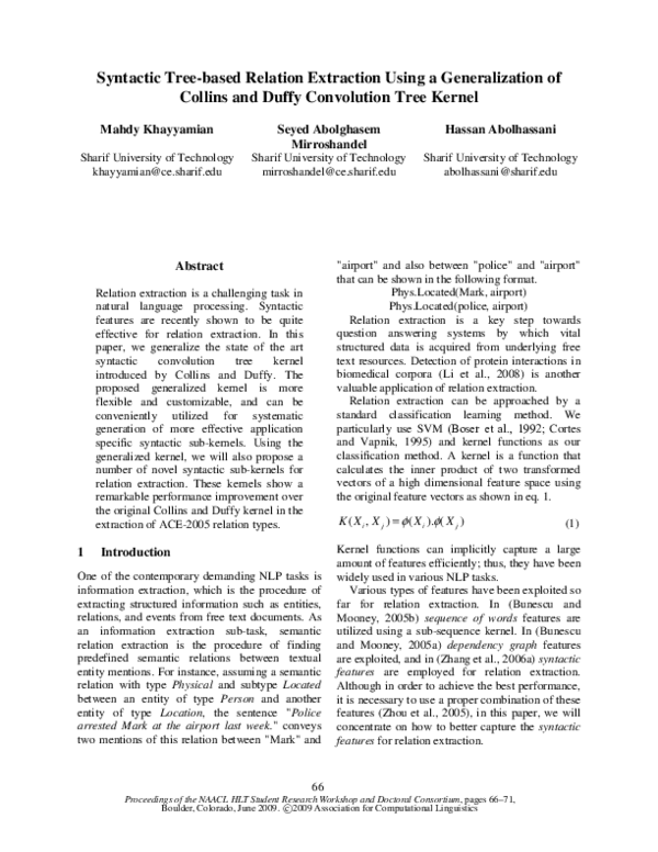 (PDF) Syntactic tree-based relation extraction using a generalization of Collins and Duffy ...