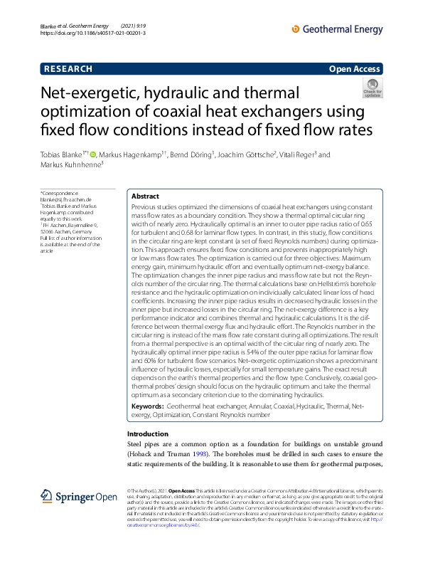 (PDF) Net-exergetic, hydraulic and thermal optimization of coaxial heat exchangers using fixed ...