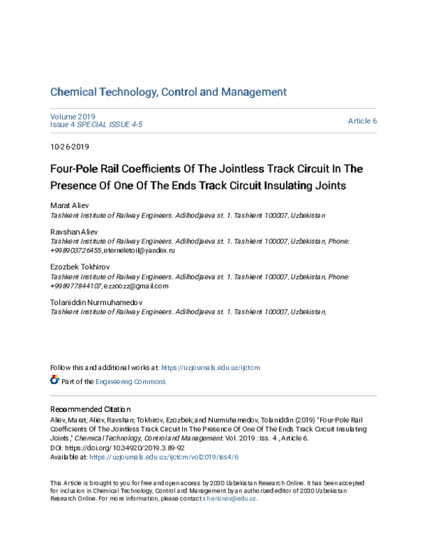 (PDF) Four-Pole Rail Coefficients Of The Jointless Track Circuit In The ...