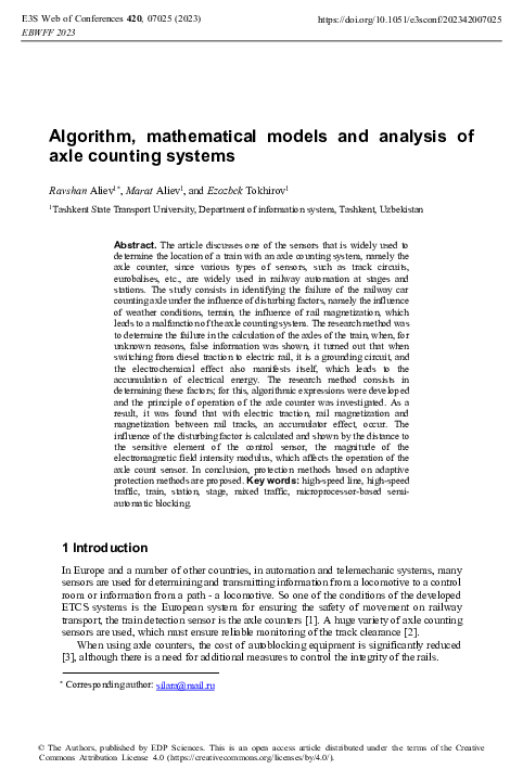 (PDF) Algorithm, mathematical models and analysis of axle counting systems