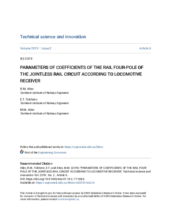 (PDF) Parameters of Coefficients of the Rail Four-Pole of the Join the ...