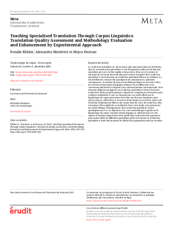 (PDF) Teaching Specialised Translation Through Corpus Linguistics ...
