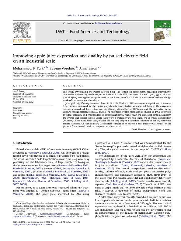(PDF) Improving apple juice expression and quality by pulsed electric ...