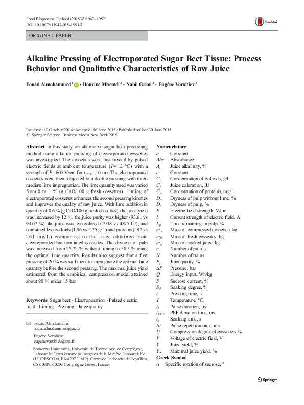 (PDF) Alkaline Pressing of Electroporated Sugar Beet Tissue: Process ...