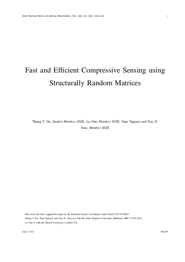 (PDF) Fast and Efficient Compressive Sensing Using Structurally Random Matrices