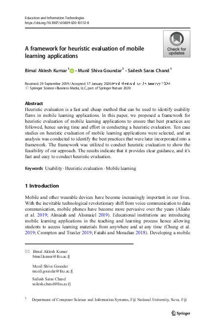 (PDF) A framework for heuristic evaluation of mobile learning applications