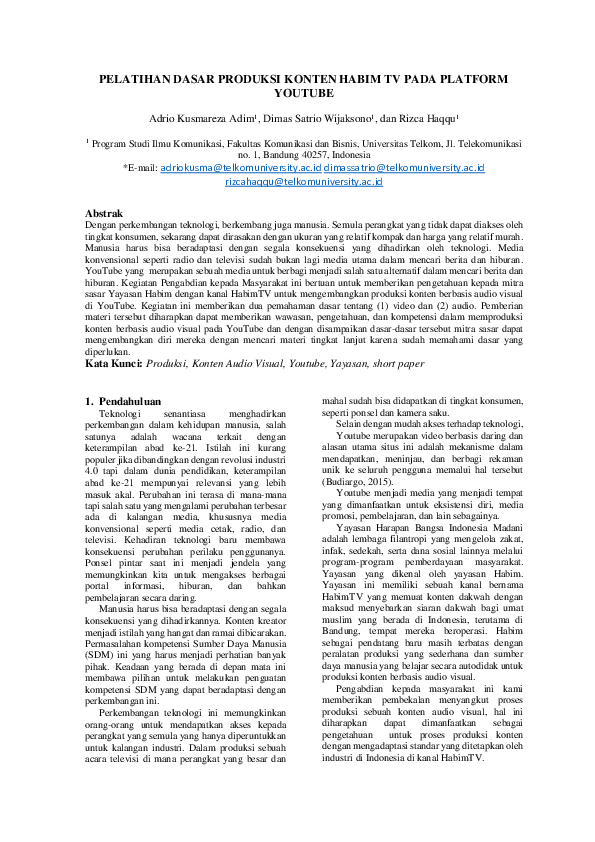 (PDF) Pelatihan Dasar Produksi Konten Habim TV Pada Platform Youtube