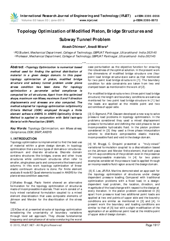 (PDF) Topology Optimization of Modified Piston, Bridge Structures and Subway Tunnel Problem