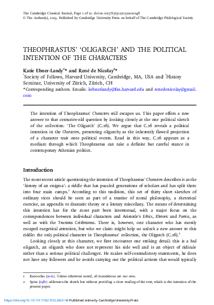 (PDF) Theophrastus’ ‘Oligarch’ and the Political Intention of the Characters