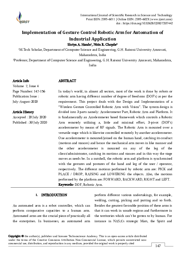 (PDF) Implementation of Gesture Control Robotic Arm for Automation of ...