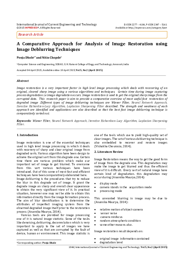 (PDF) A Comparative Approach for Analysis of Image Restoration using Image Deblurring Techniques