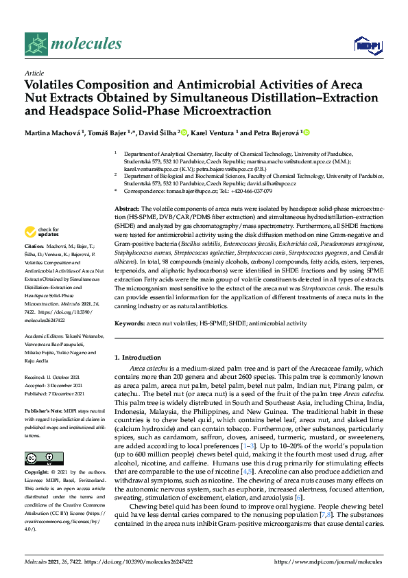 (PDF) Volatiles Composition and Antimicrobial Activities of Areca Nut Extracts Obtained by ...