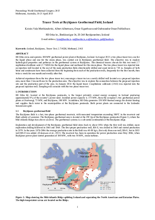 (PDF) Tracer Tests at Reykjanes Geothermal Field, Iceland