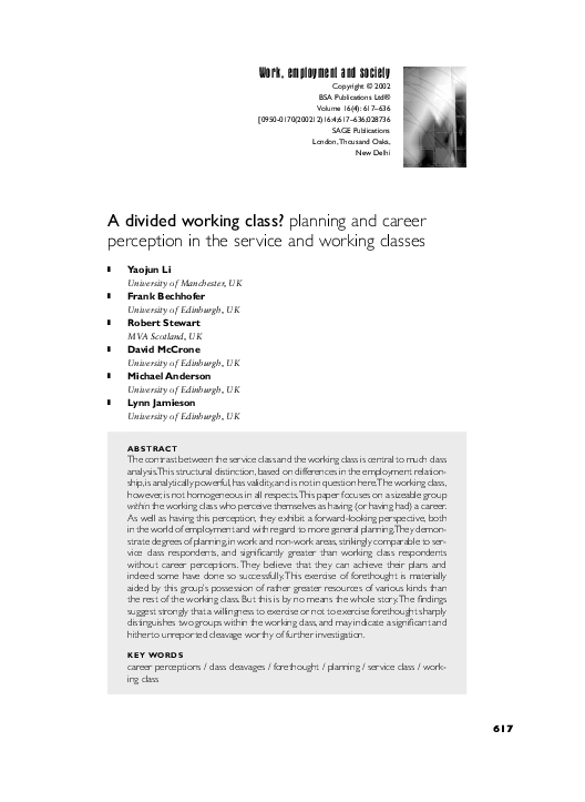 Pdf A Divided Working Class Planning And Career Perception In The Service And Working Classes