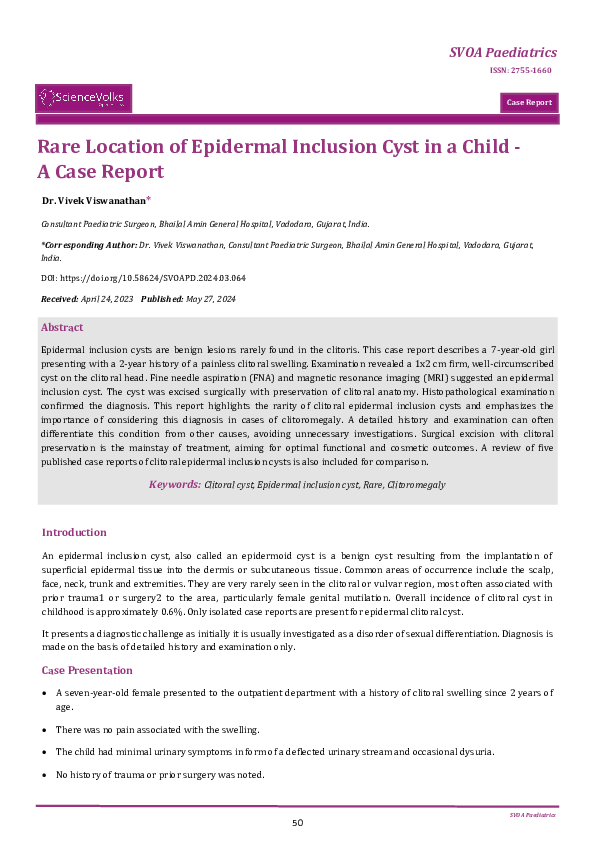 (PDF) Rare Location of Epidermal Inclusion Cyst in a Child -A Case Report