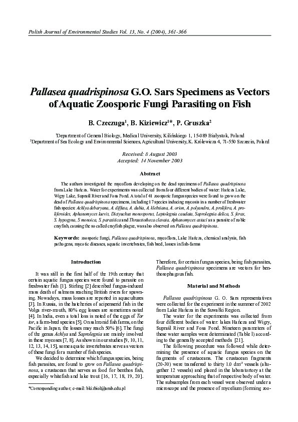 (PDF) Pallasea quadrispinosa G.O.Sars specimens as vectors of aquatic ...