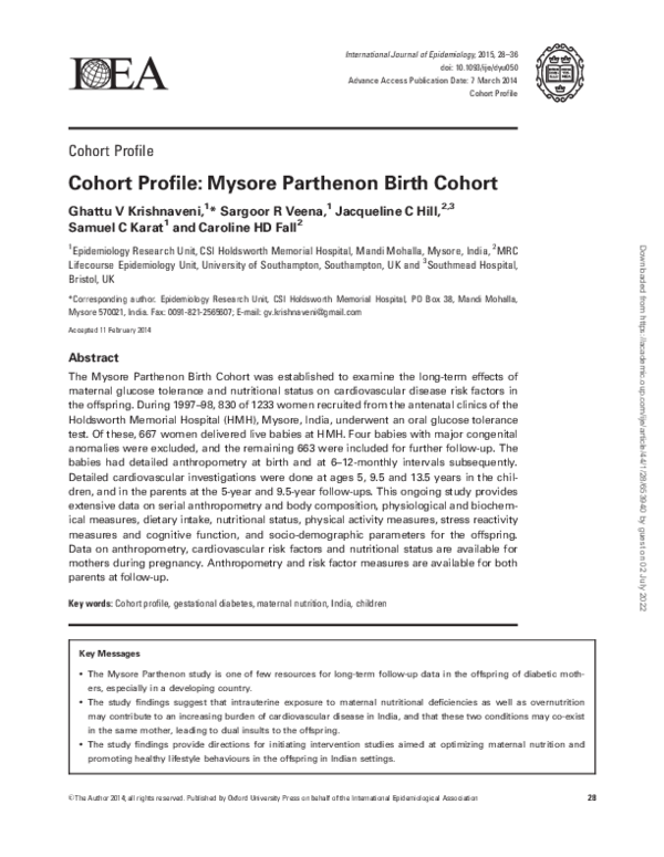 (PDF) Cohort Profile: Mysore Parthenon Birth Cohort