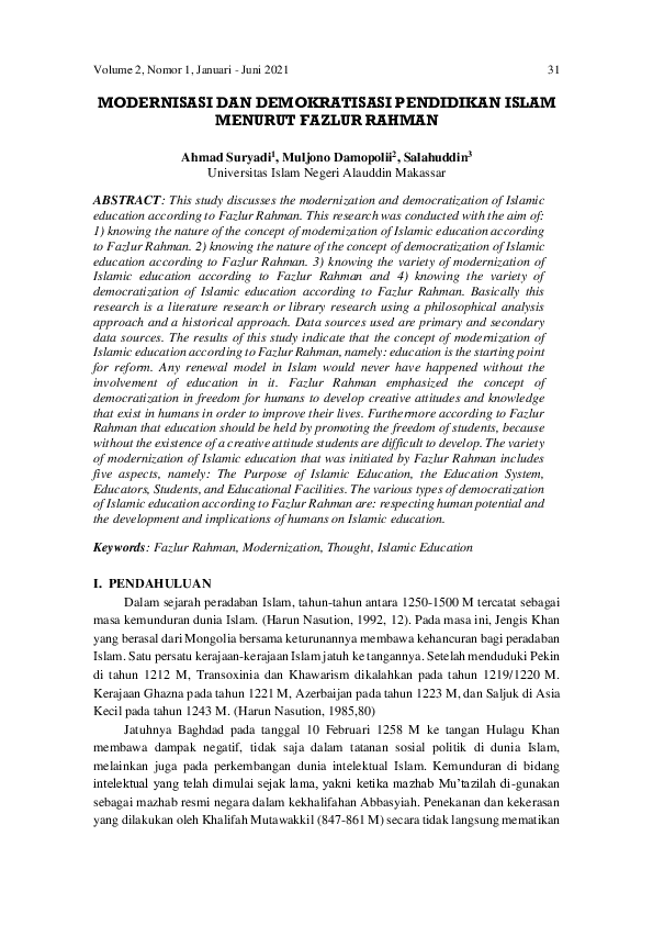 (PDF) Modernisasi Dan Demokratisasi Pendidikan Islam Menurut Fazlur Rahman
