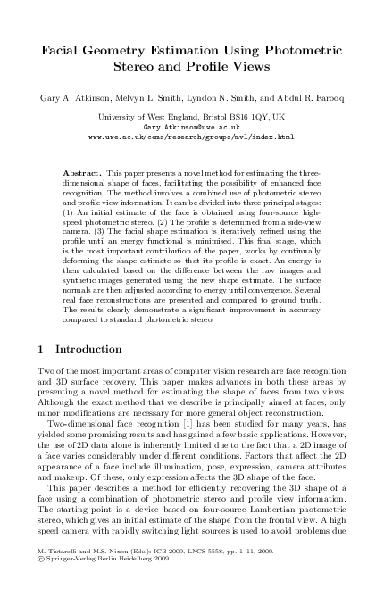 (PDF) Facial Geometry Estimation Using Photometric Stereo and Profile Views