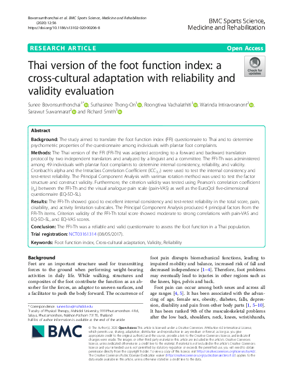 (PDF) Thai version of the foot function index: a cross-cultural adaptation with reliability and ...