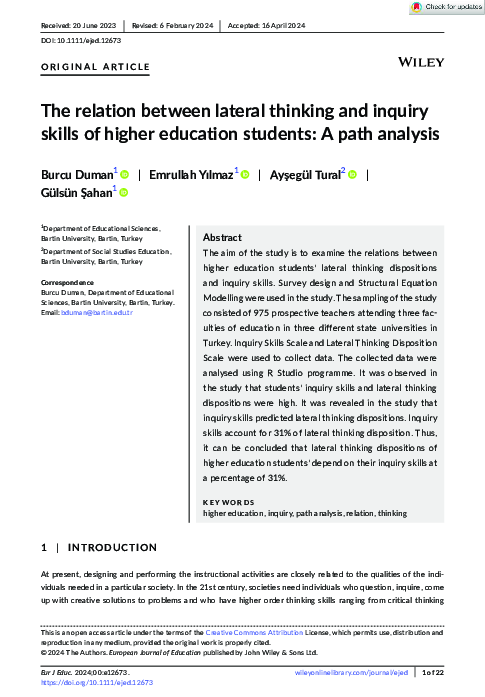 (PDF) The relation between lateral thinking and inquiry skills of ...