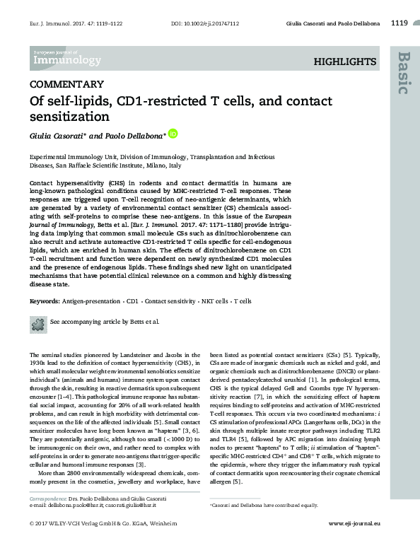 (PDF) Of self-lipids, CD1-restricted T cells, and contact sensitization